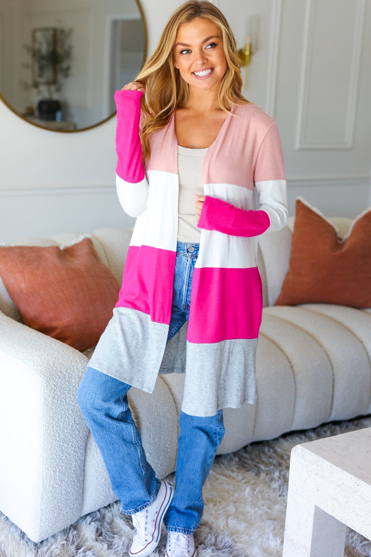Face The Day Blush Wide Stripe Hacci Colorblock Cardigan – Yellow Sphinx